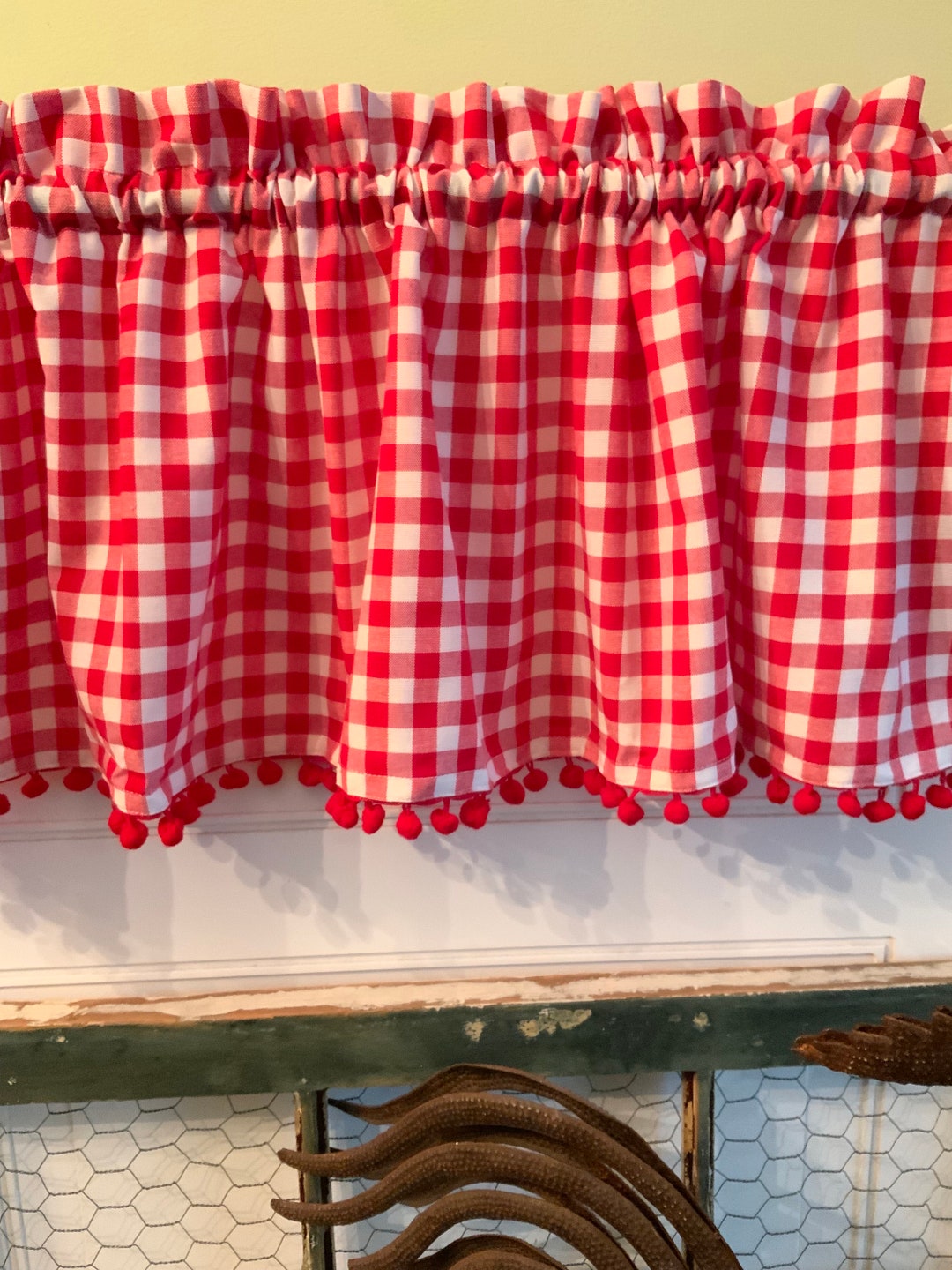 Red White Plaid Farmhouse Valance. Red Pom Pom Valance. - Etsy