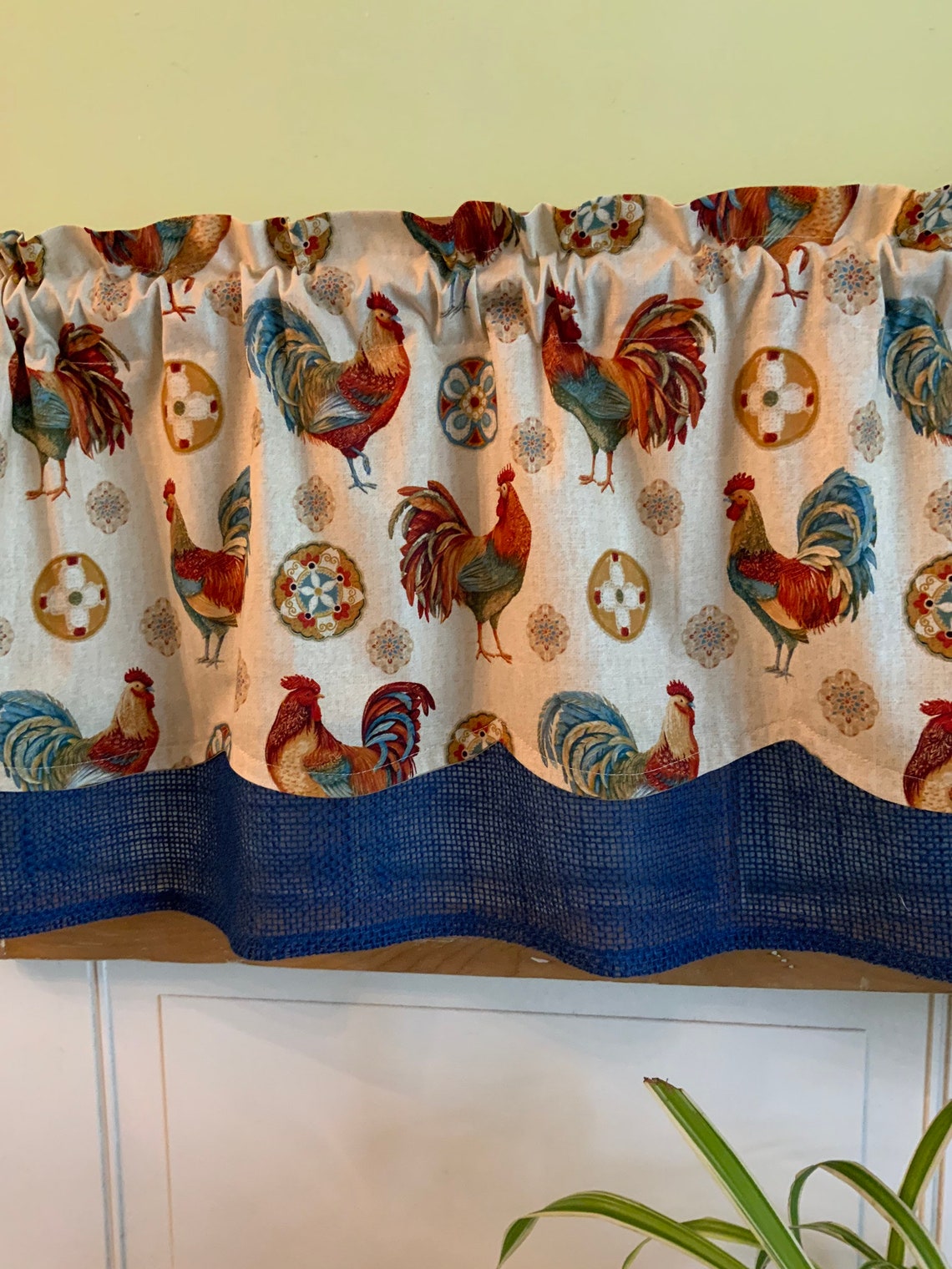 French Country Roosters Valance Scalloped Blue Burlap - Etsy