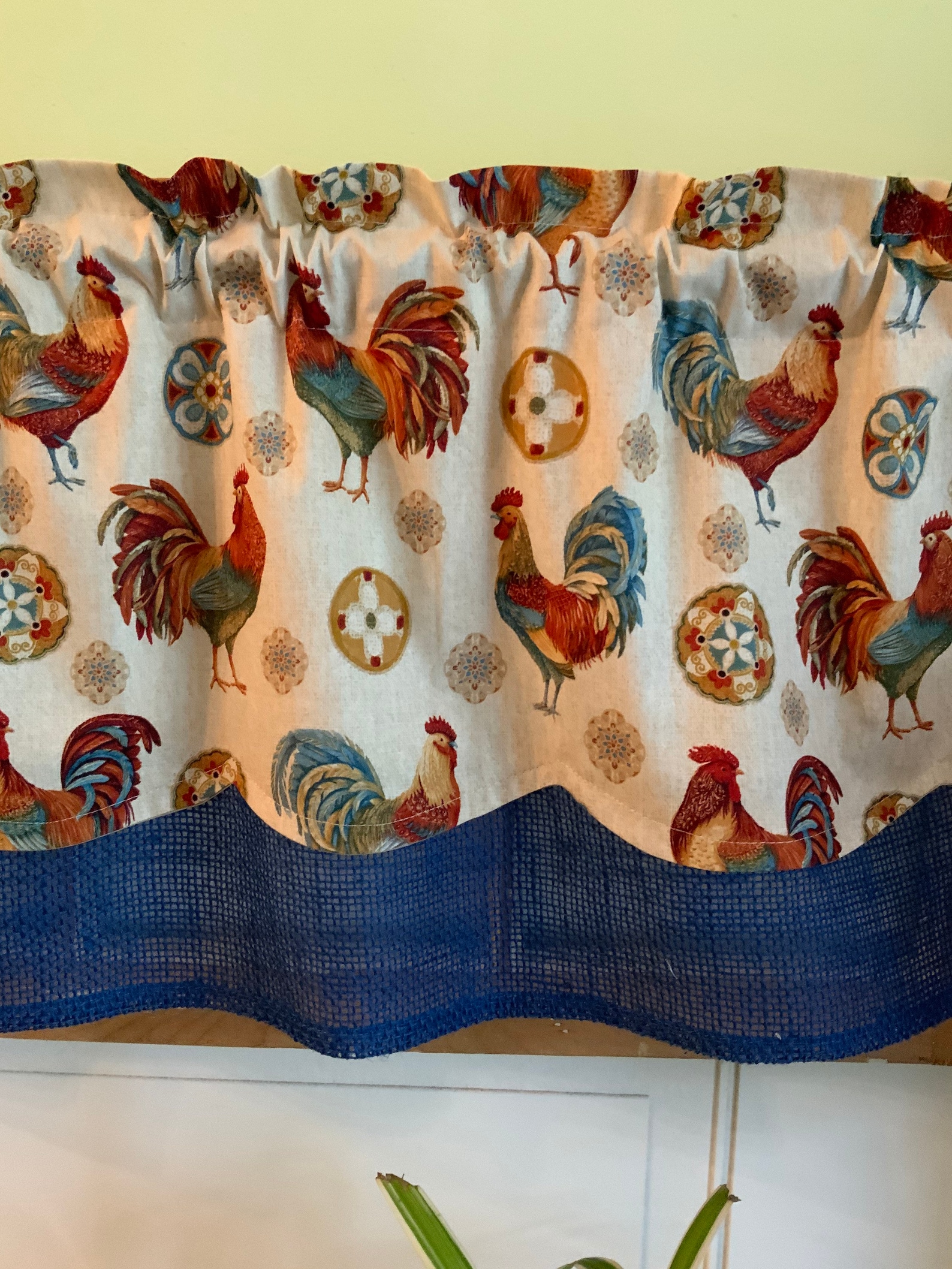 French Country Roosters Valance Scalloped Blue Burlap - Etsy
