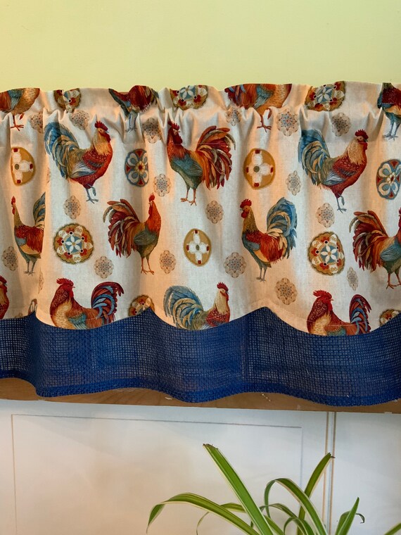 French Country Roosters Valance Scalloped Blue Burlap - Etsy