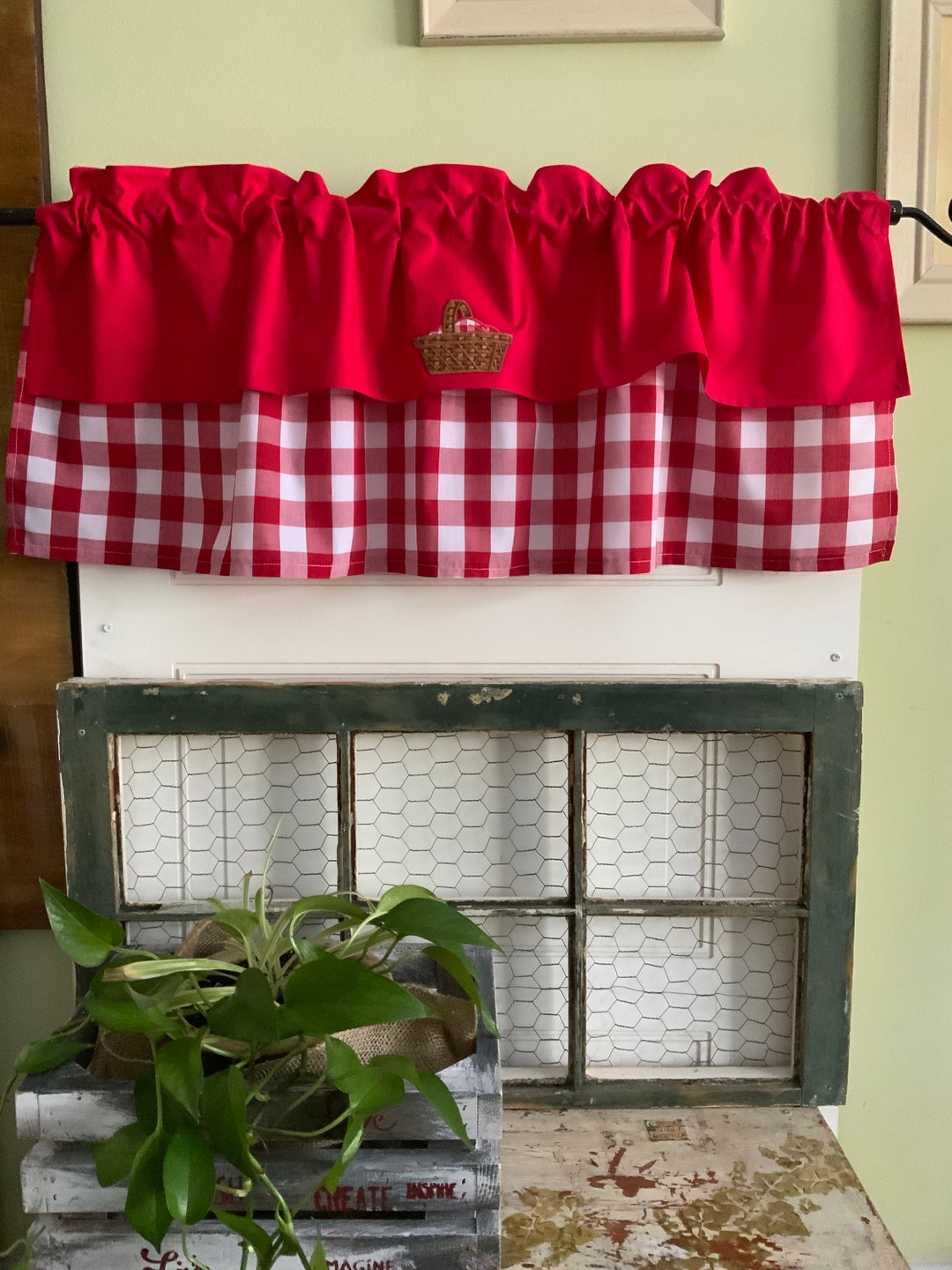Red White Plaid,solid Red Double Layered Valance. Country,farmhouse ...