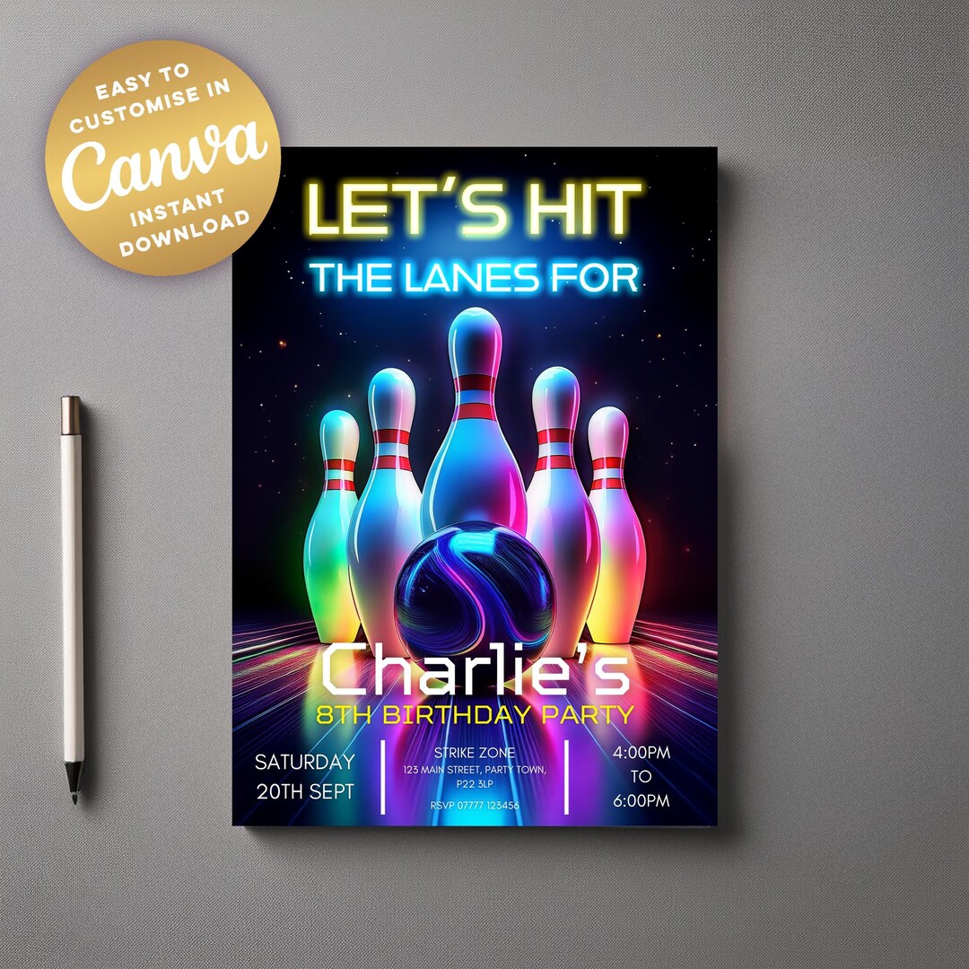 Bowling Party Invite – Editable Canva Birthday Party Invite - Etsy