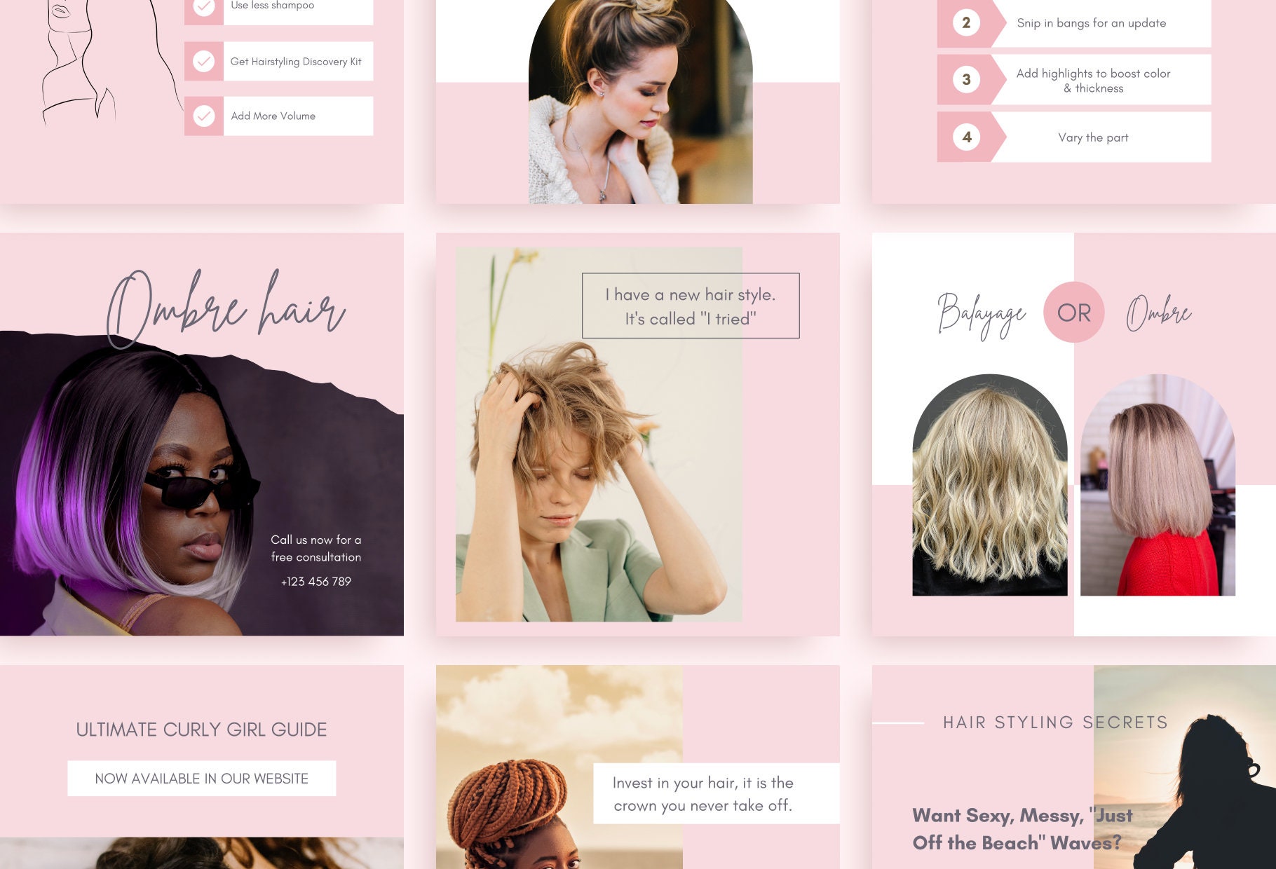 30 Hairstyle Instagram Post Canva Templates Hair Salon Branding Hair ...
