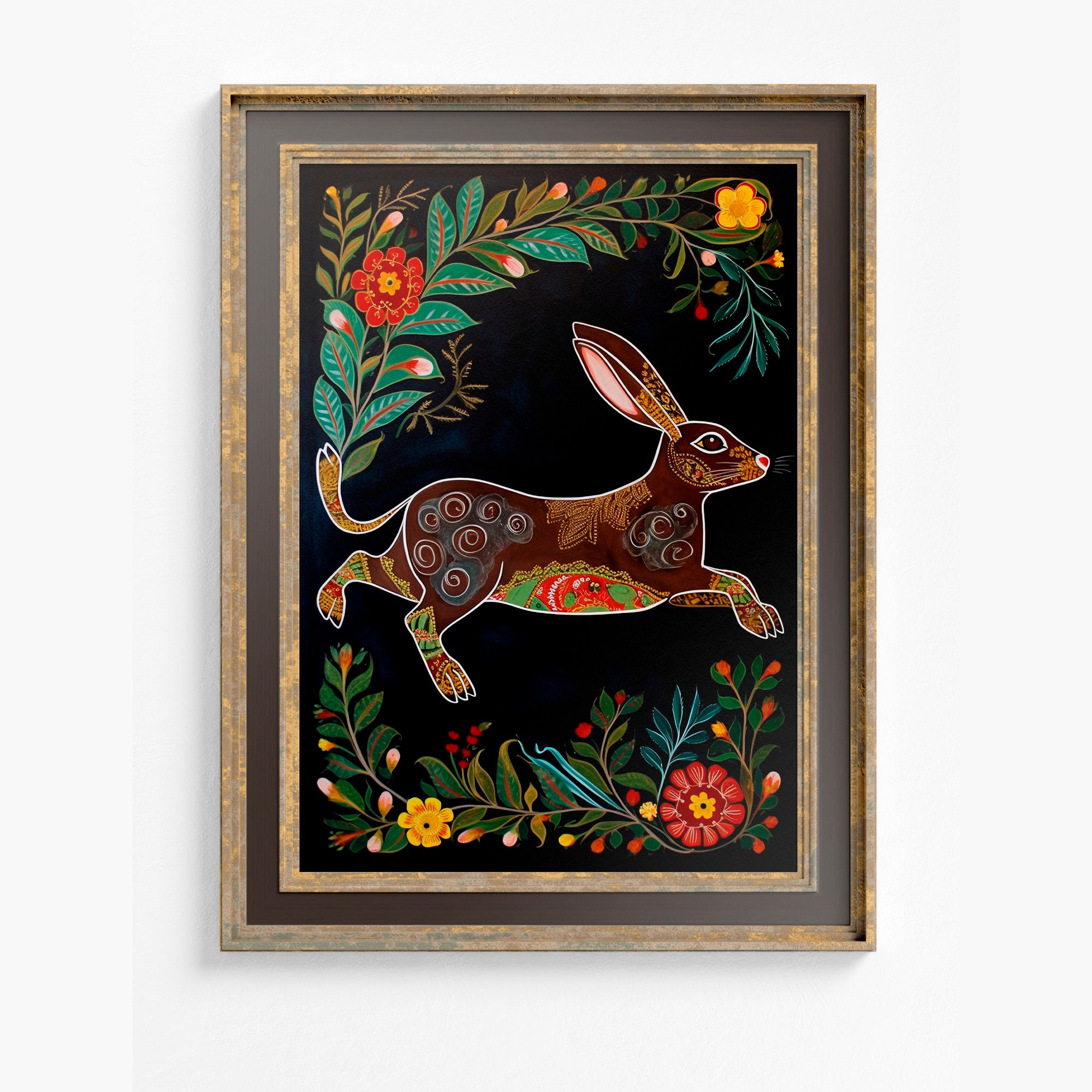 Rabbit Folk Art Print Easter Folk Art Folk Floral Poster Bunny - Etsy