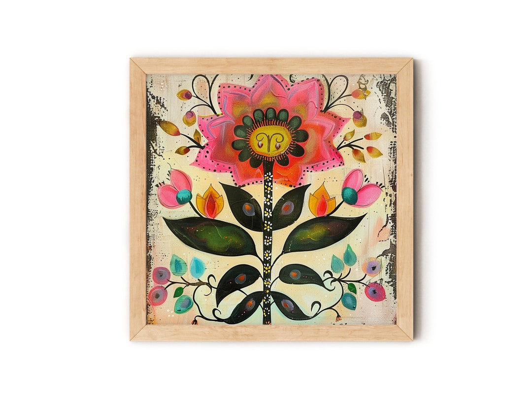 Pink Floral Folk Art Print - Mandala Folk Art - Folk Floral Poster ...