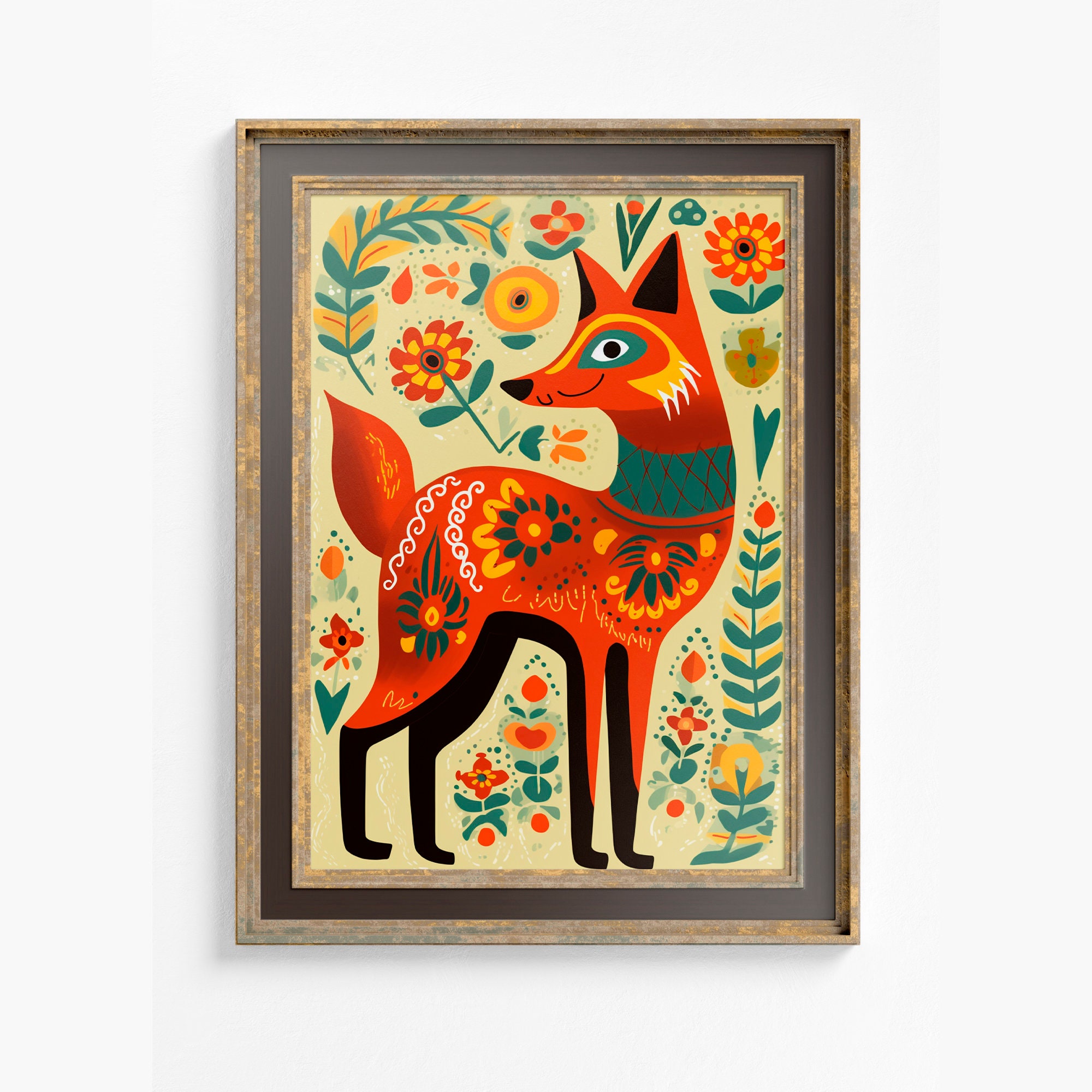 Fox Folk Art Print Easter Folk Art Folk Floral Poster - Etsy