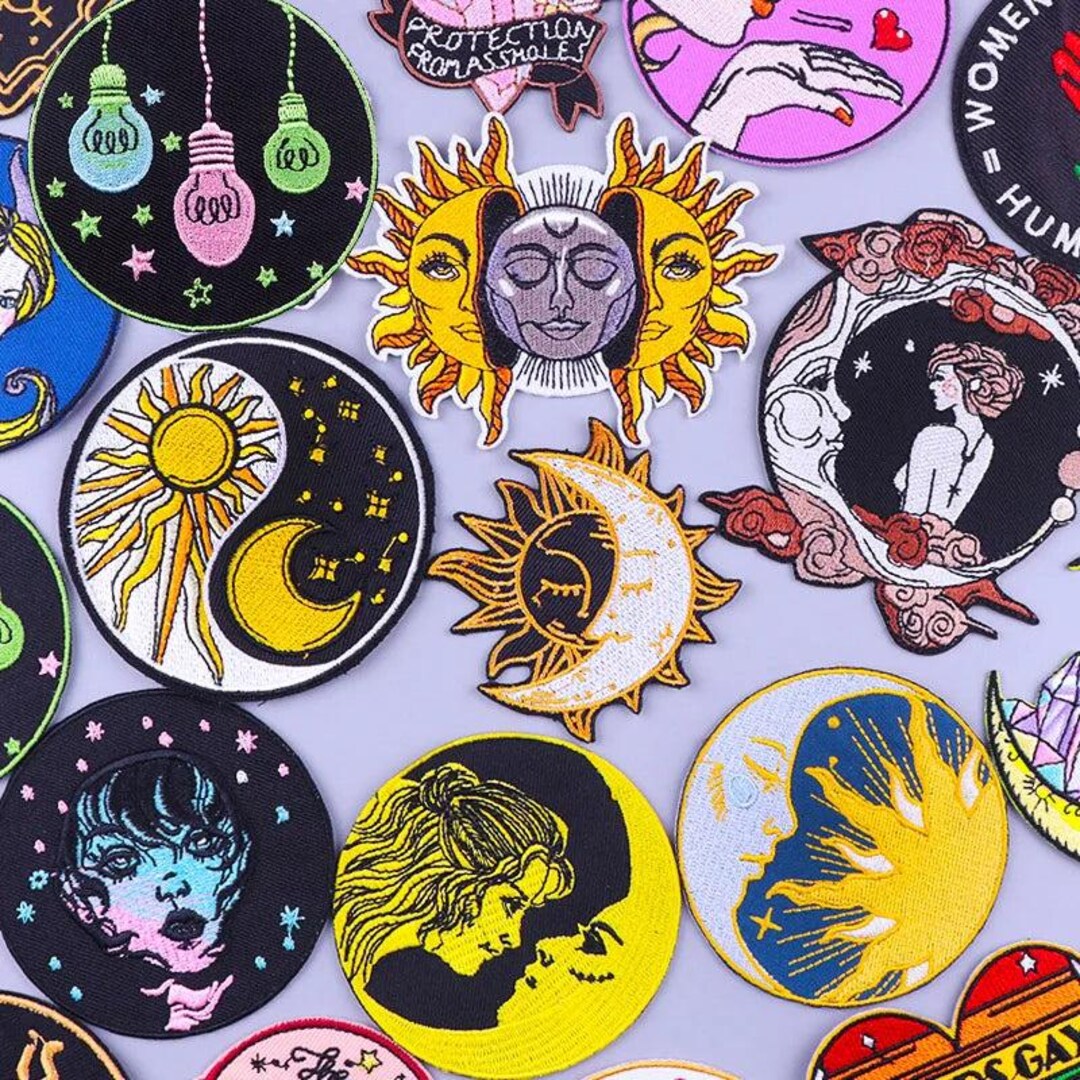 Cartoon Sun Moon Girl Patches on Clothes Hippie Letter Badges Stripes ...