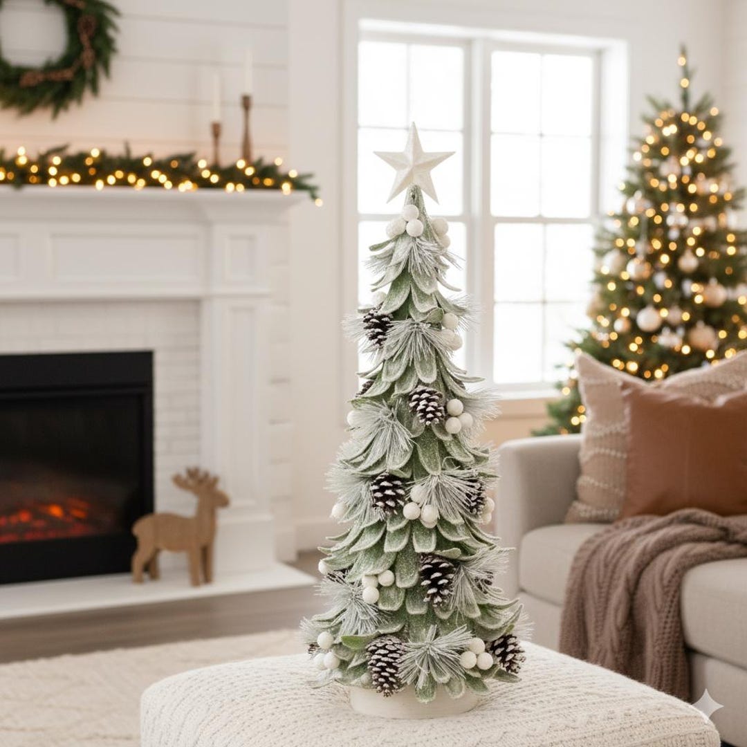 23.5in. Wood Curl Petal Cone Tree – White Winter Pinecone Christmas ...