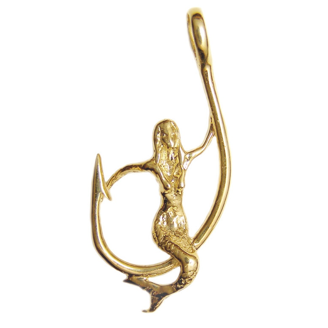New 14k Gold Mermaid With Fish Hook Pendant - Etsy