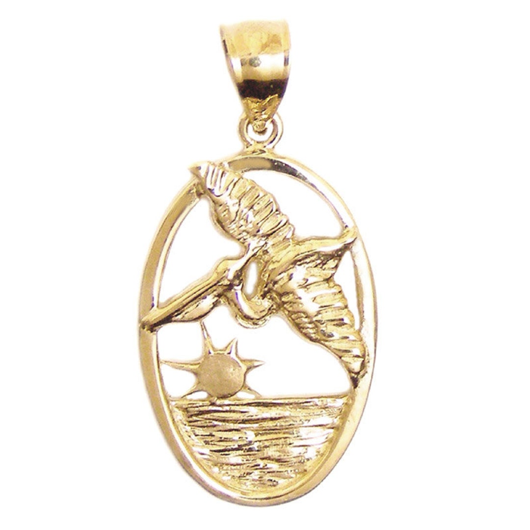 New 14k Gold Pelican Bird Beach Scene Pendant - Etsy
