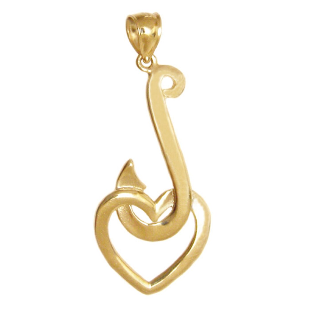 New 14k Gold Fish Hook With Heart Pendant - Etsy