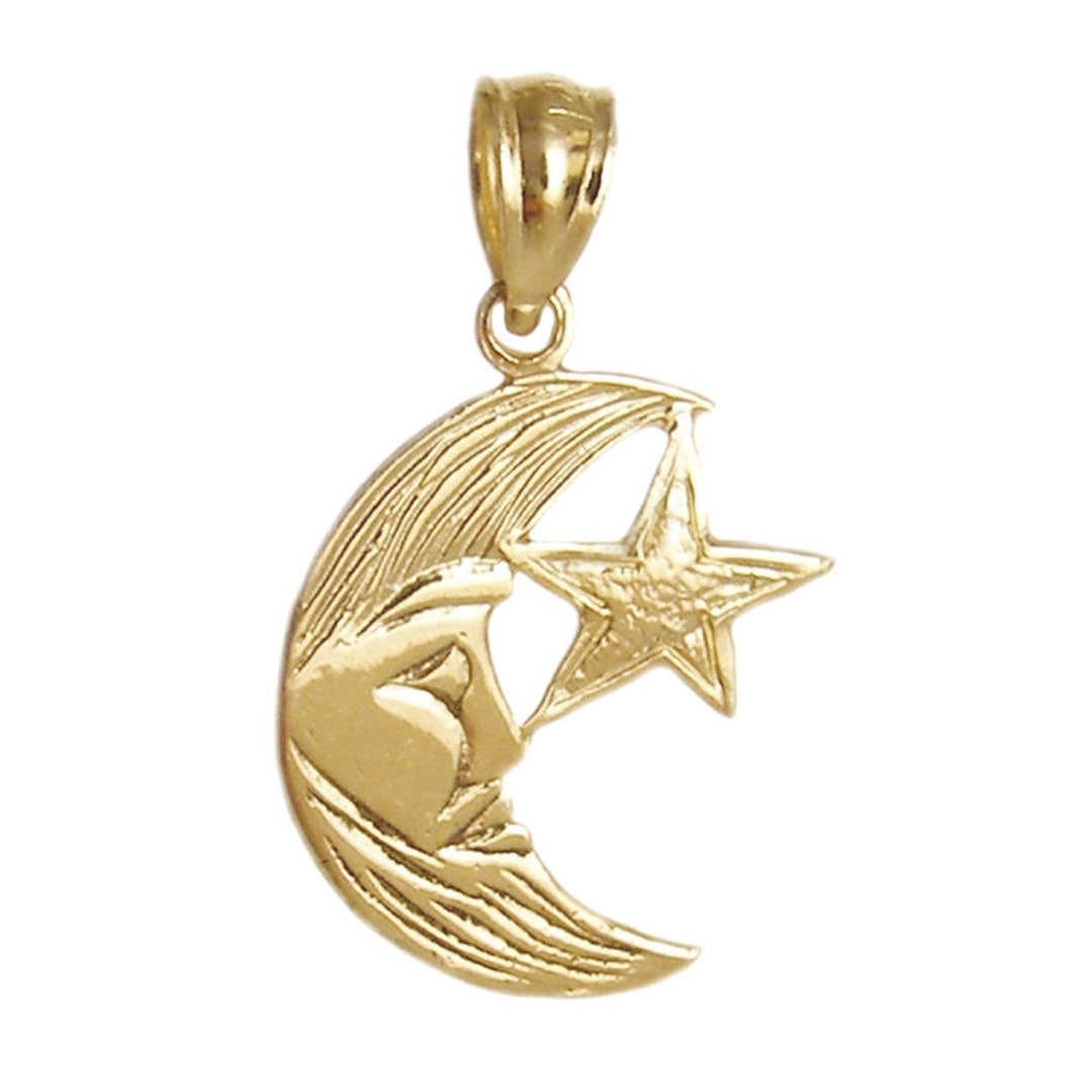 New 14k Gold Moon With Star Pendant - Etsy