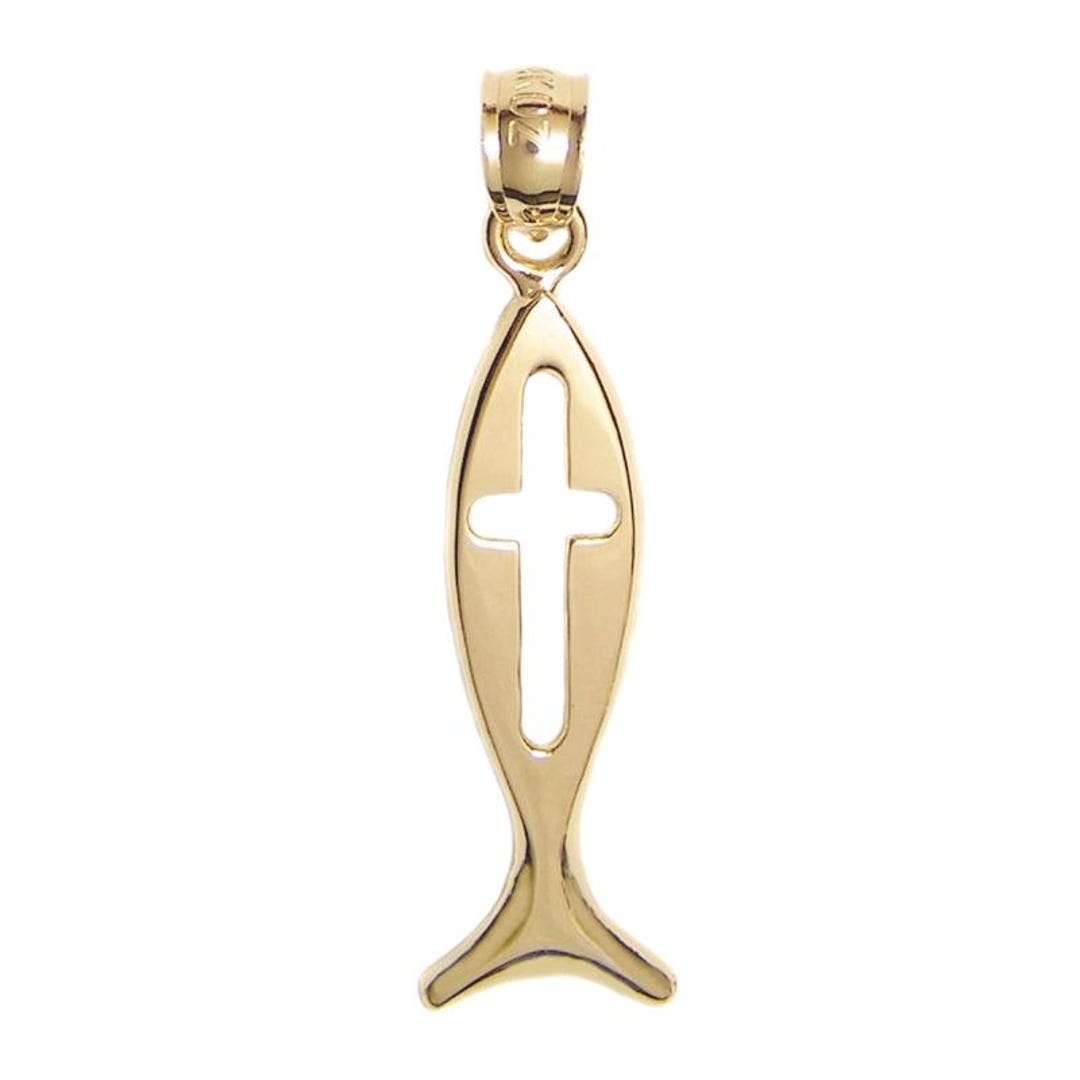 New 14k Gold Christian Fish Symbol With Cross Pendant - Etsy