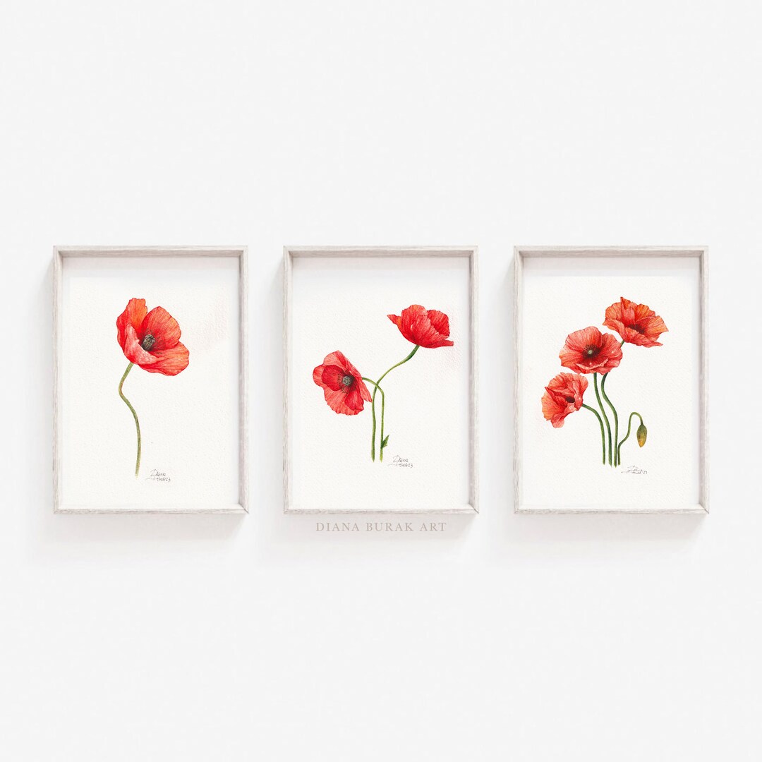 Red Poppy Prints Set of 3, Red Flowers Wall Art, Set of 3 Flower ...