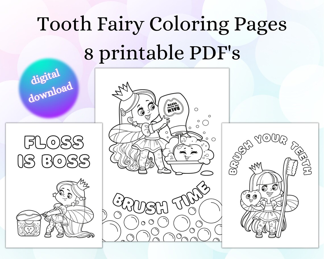 Cute Tooth Fairy Coloring Pages, 8 Digital Dental Coloring Pages ...