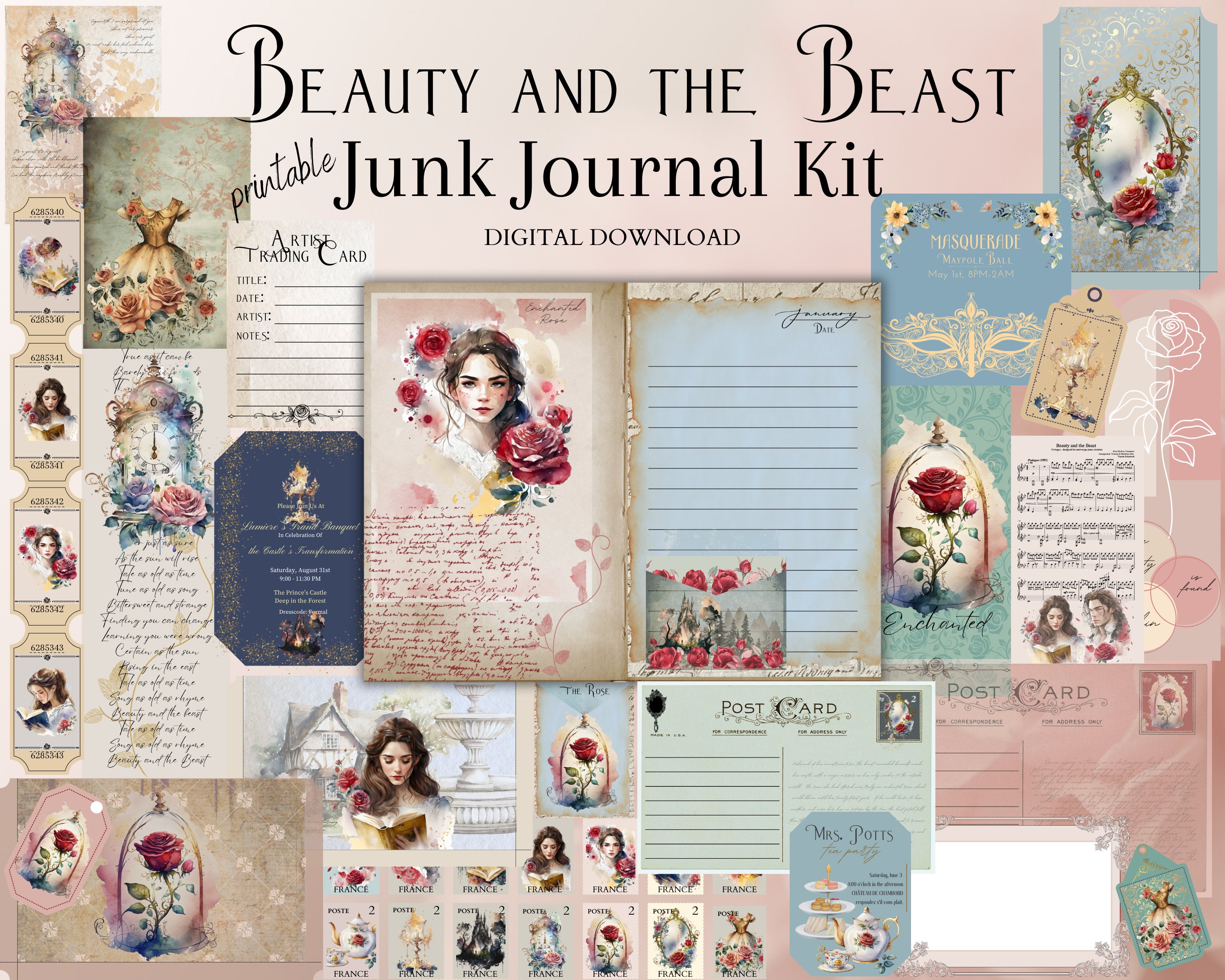 Beauty and the Beast Junk Journal Kit, Digital Download, Printable 8.5 ...