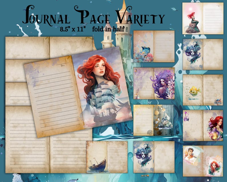 Little Mermaid Journal Kit: Printable PNG Ephemera Pages (digital ...