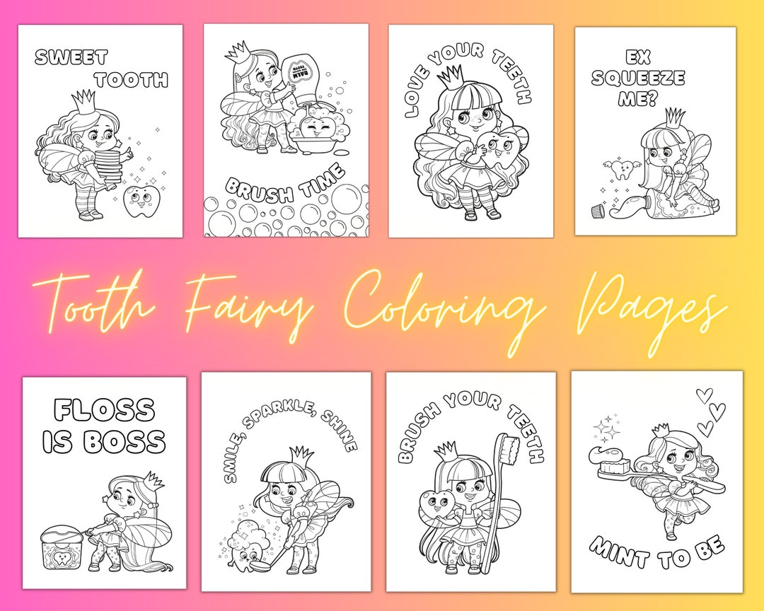 Cute Tooth Fairy Coloring Pages, 8 Digital Dental Coloring Pages ...