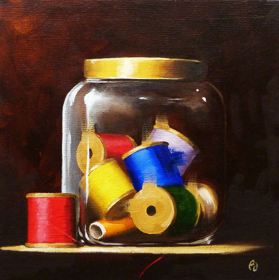 Still Life With Jar of Thread Spools Still Life Oil Painting Original ...