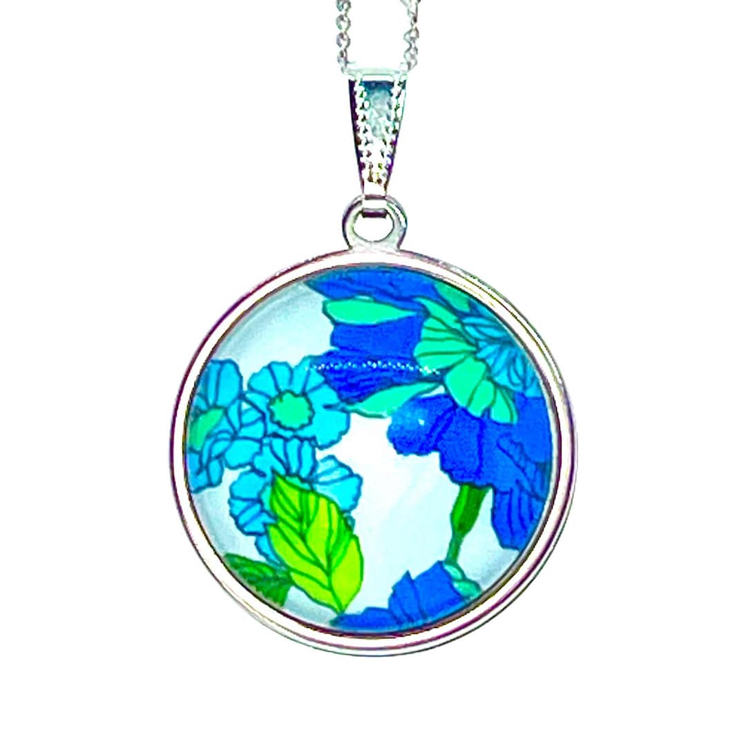 Blue Carnations Big Round Necklace, Art Glass Flower Pendant, Boho ...