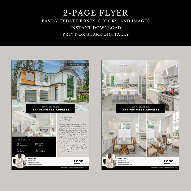 Real Estate Listing Flyer | 2 Page Flyer Template | Realtor Marketing ...