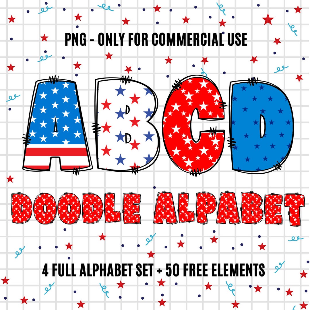 4TH July USA Doodle Letters Png Bundle, Patriotic Doodle Alphabet ...