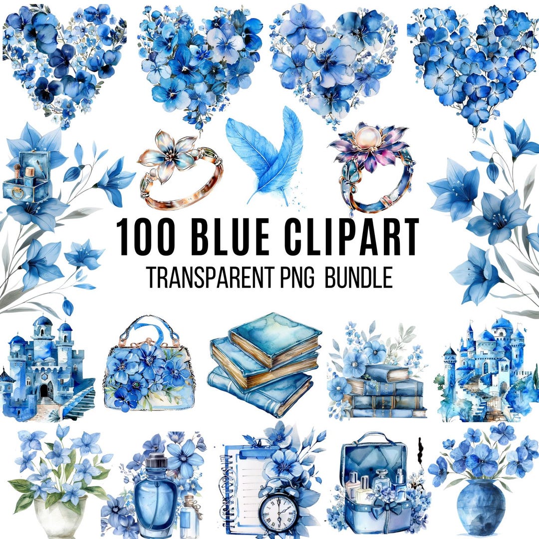 100 Watercolor Blue Clipart Bundle, Blue Floral Clipart, Watercolor ...