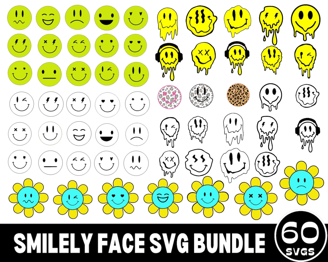60 Smiley Face SVG Bundle, Smiley Face Svg, Drippy Smiley Svg, Happy ...