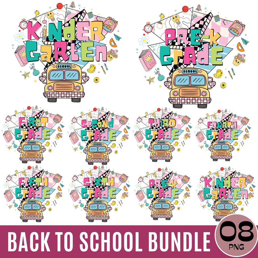 Retro Back to School PNG Bundle, Retro Kindergarten, Pre Grade Png ...