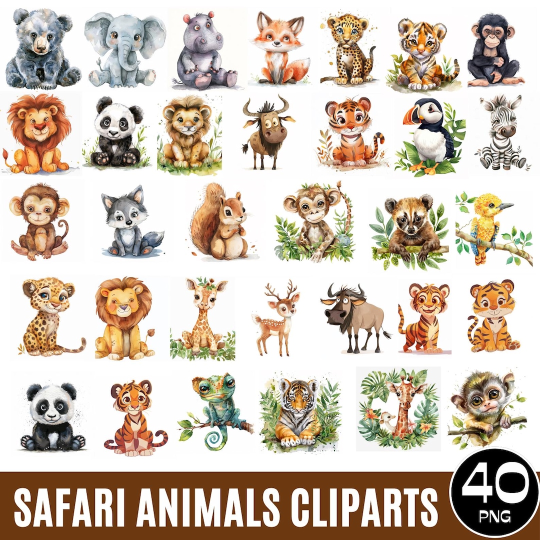 Safari Animals Clipart PNG, Cute Jungle Animals Bundle, Watercolor ...