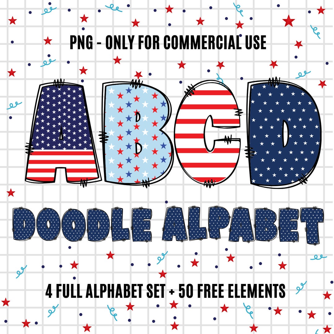 4TH July USA Doodle Letters Png Bundle, Patriotic Doodle Alphabet, USA ...