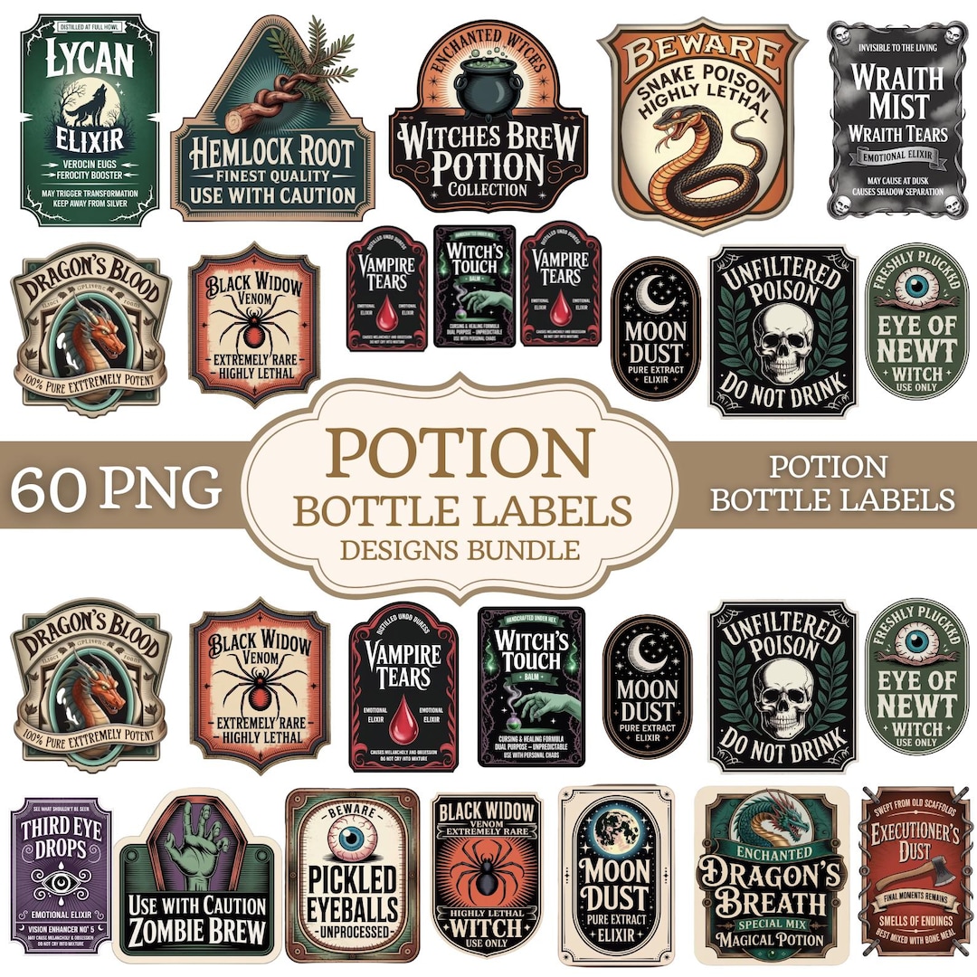 60 Halloween Potion Labels Png Bundle, Printable Witch Potion Bottle ...