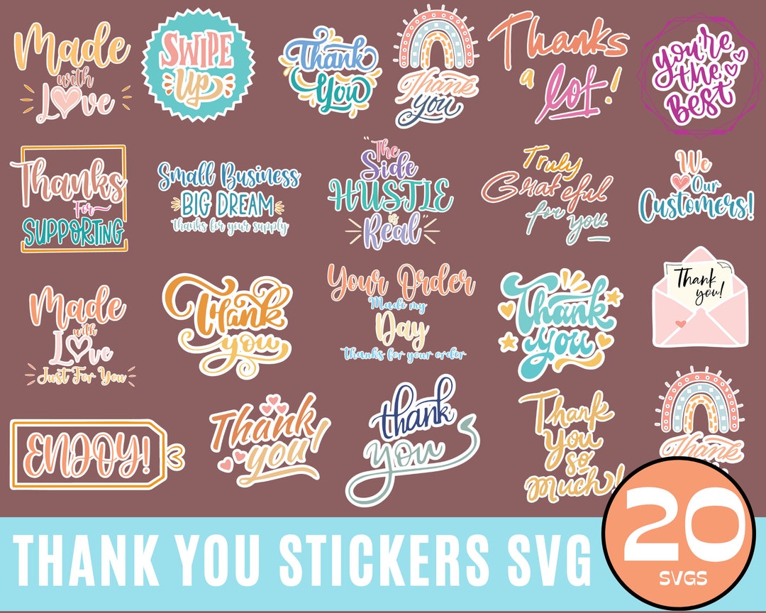 20 Boho Thank You Stickers SVG Bundle, Small Business Svg, Digital ...