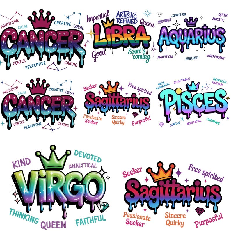 13 Zodiac PNG Bundle, Cute Astrology Star Sign Designs, Colorful ...