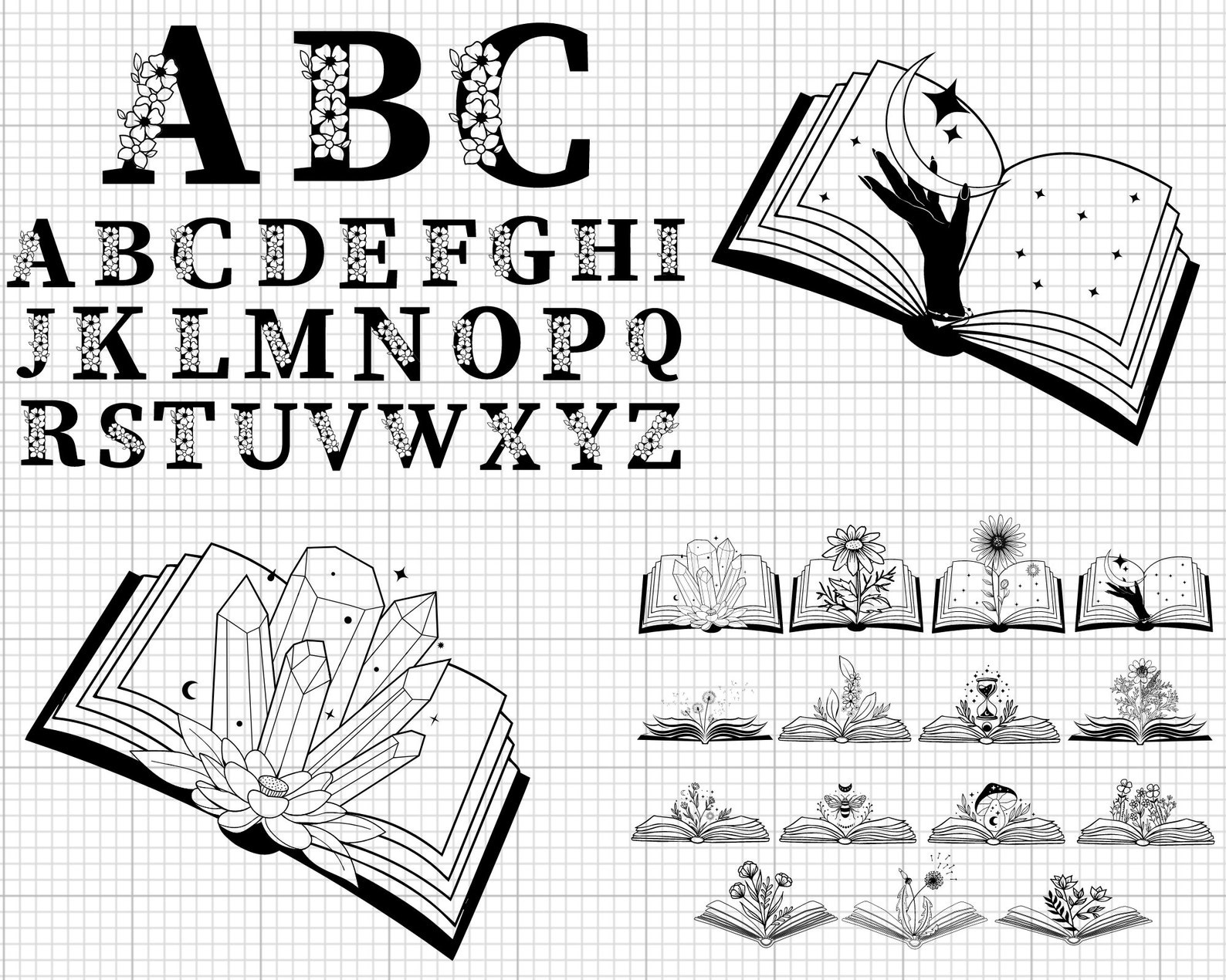 Floral Book & Alphabet Svg Bundle, Floral Wedding Alphabet Svg, Book ...