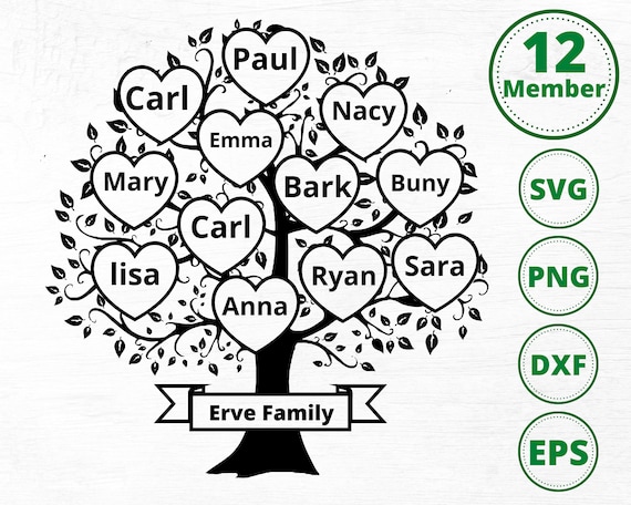 Family Tree Svg 12 Members Family Heart Tree Svg Tree of - Etsy