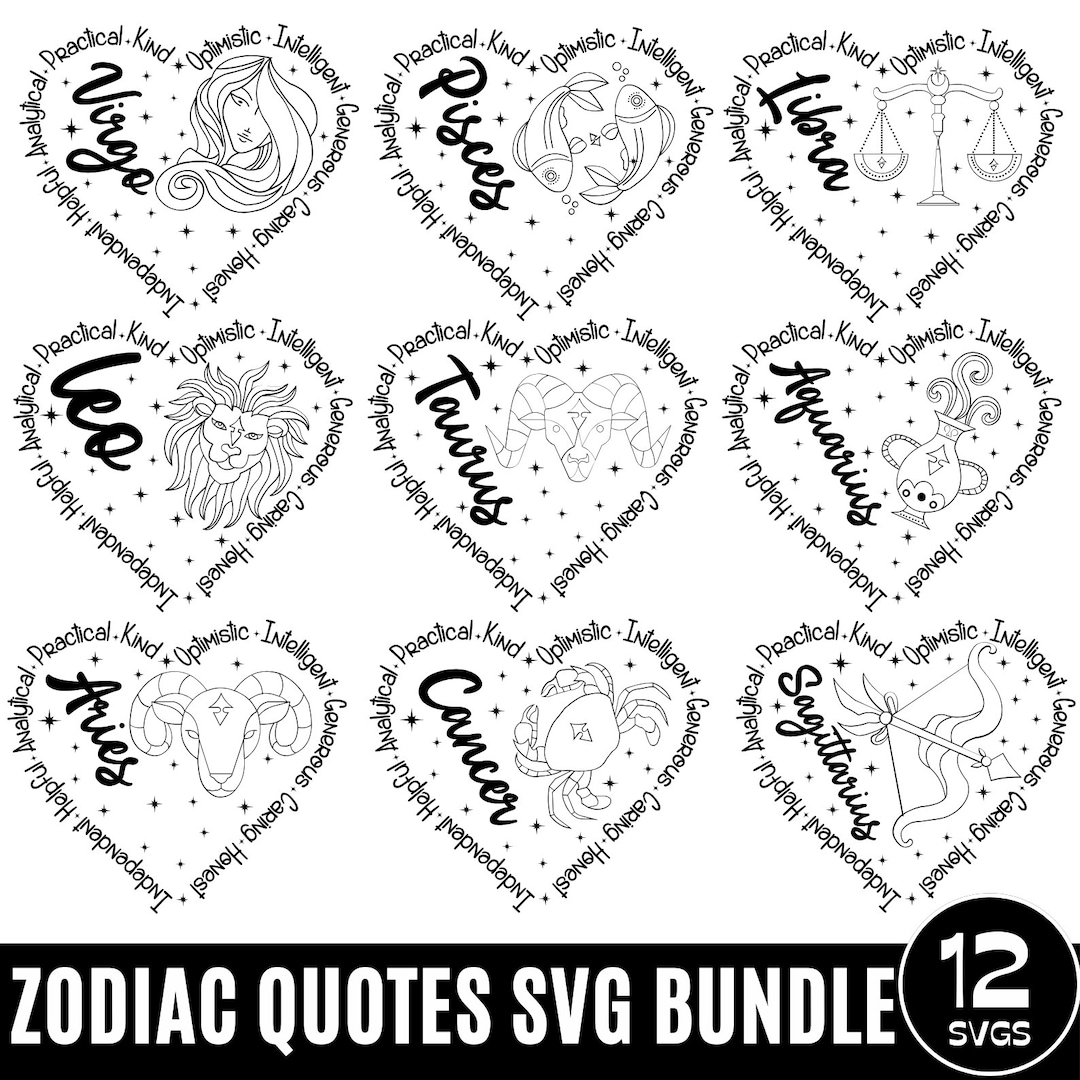 Zodiac Sign Svg Bundle, Zodiac Heart Svg, Horoscope SVG Bundle, Zodiac ...