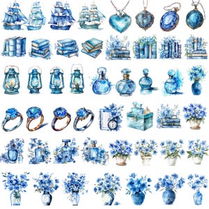 100 Watercolor Blue Clipart Bundle, Blue Floral Clipart, Watercolor ...