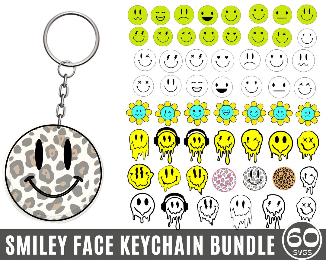 Smiley Face Keychain SVG, Retro Daisy Smiley Face Svg, Smile Key Ring ...