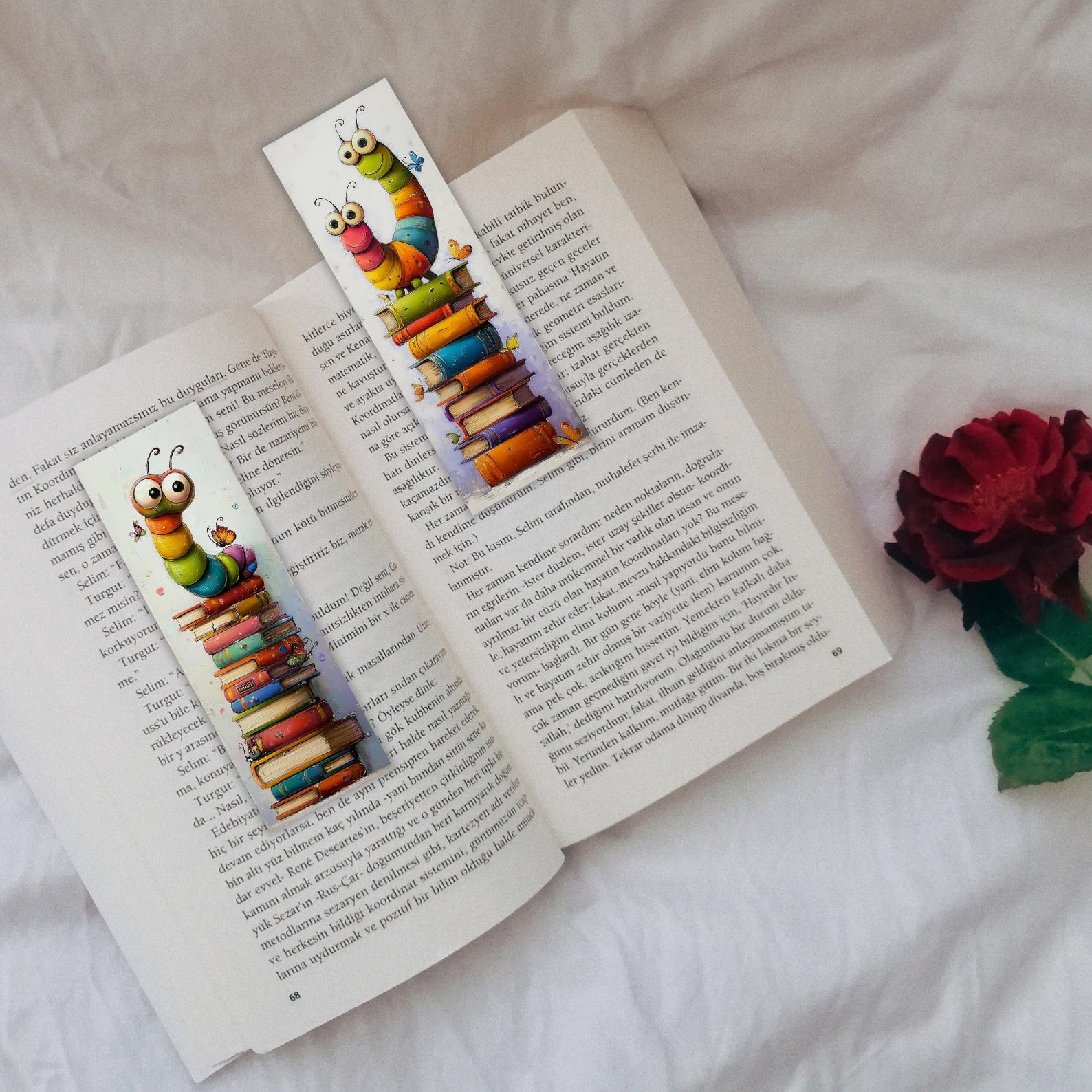 Cute Whimsical Bookworm Bookmarks, Printable Bookmark PNG, Kids Reading ...