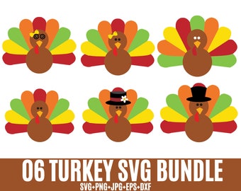 Thanksgiving Turkey Svg Bundle, Turkey Face Svg, Cute Turkey Svg, Happy ...