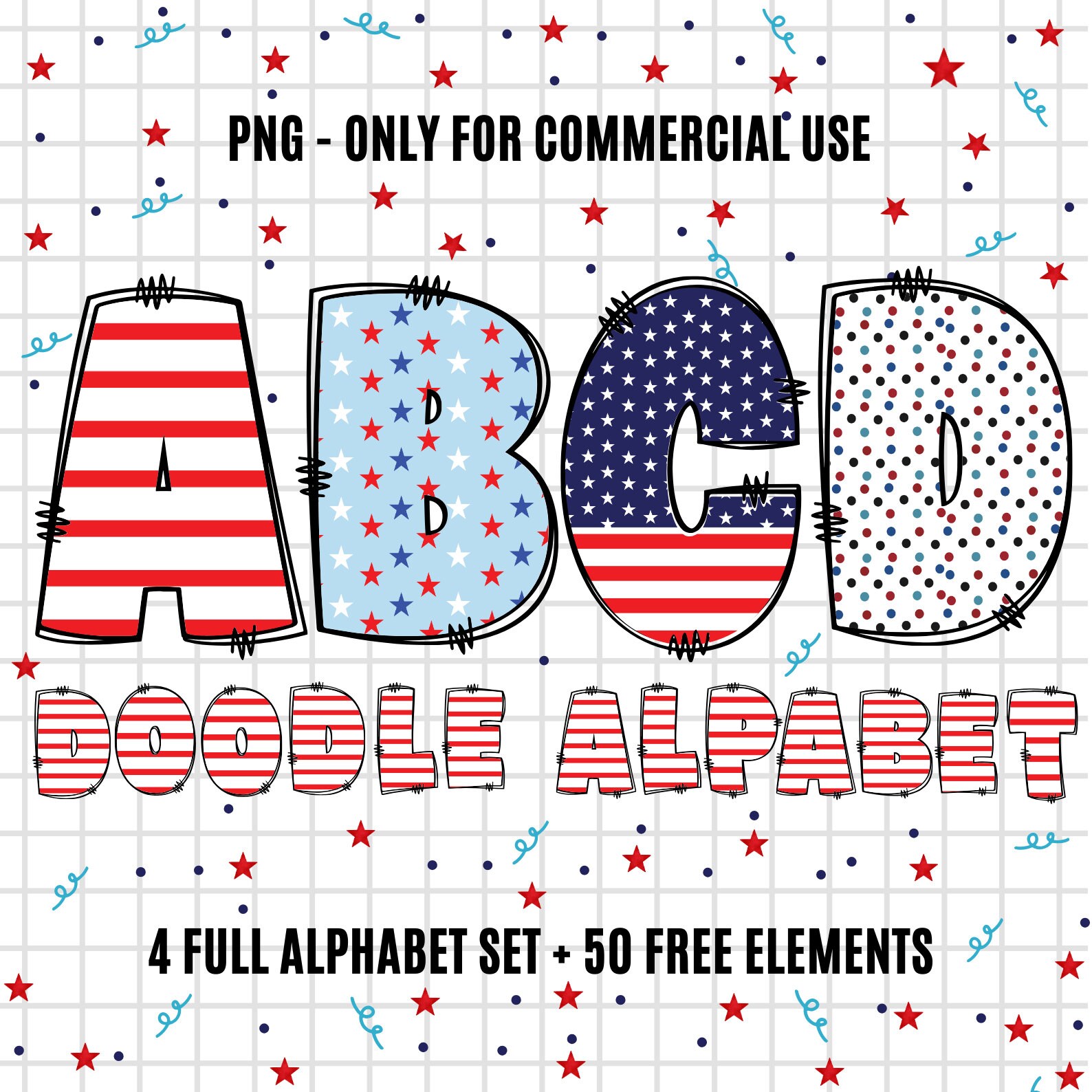 4TH July USA Letters Png Bundle, Patriotic Doodle Alphabet, USA Letters ...