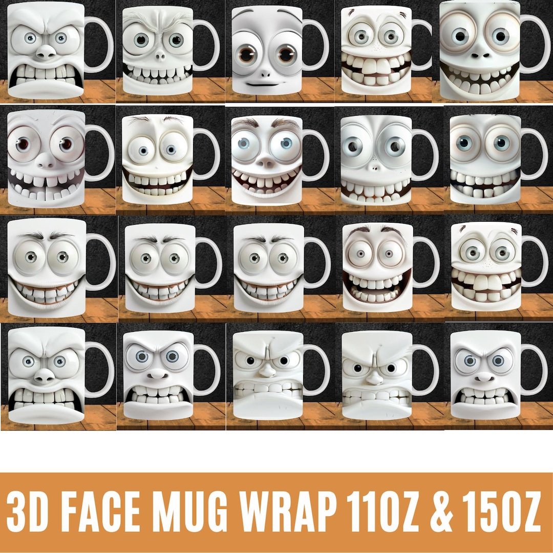 3D Funny Faces Mug Wrap Bundle, 11 Oz & 15 Oz Mug Bundle Sublimation ...