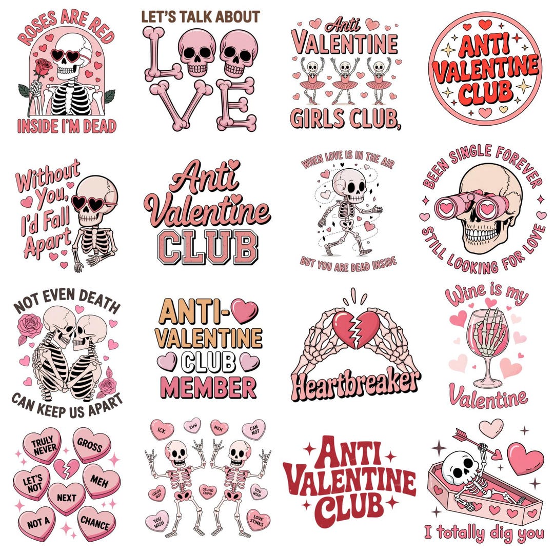 30 Anti Valentine Png Bundle, Retro Anti Love Png , Funny Skeleton ...