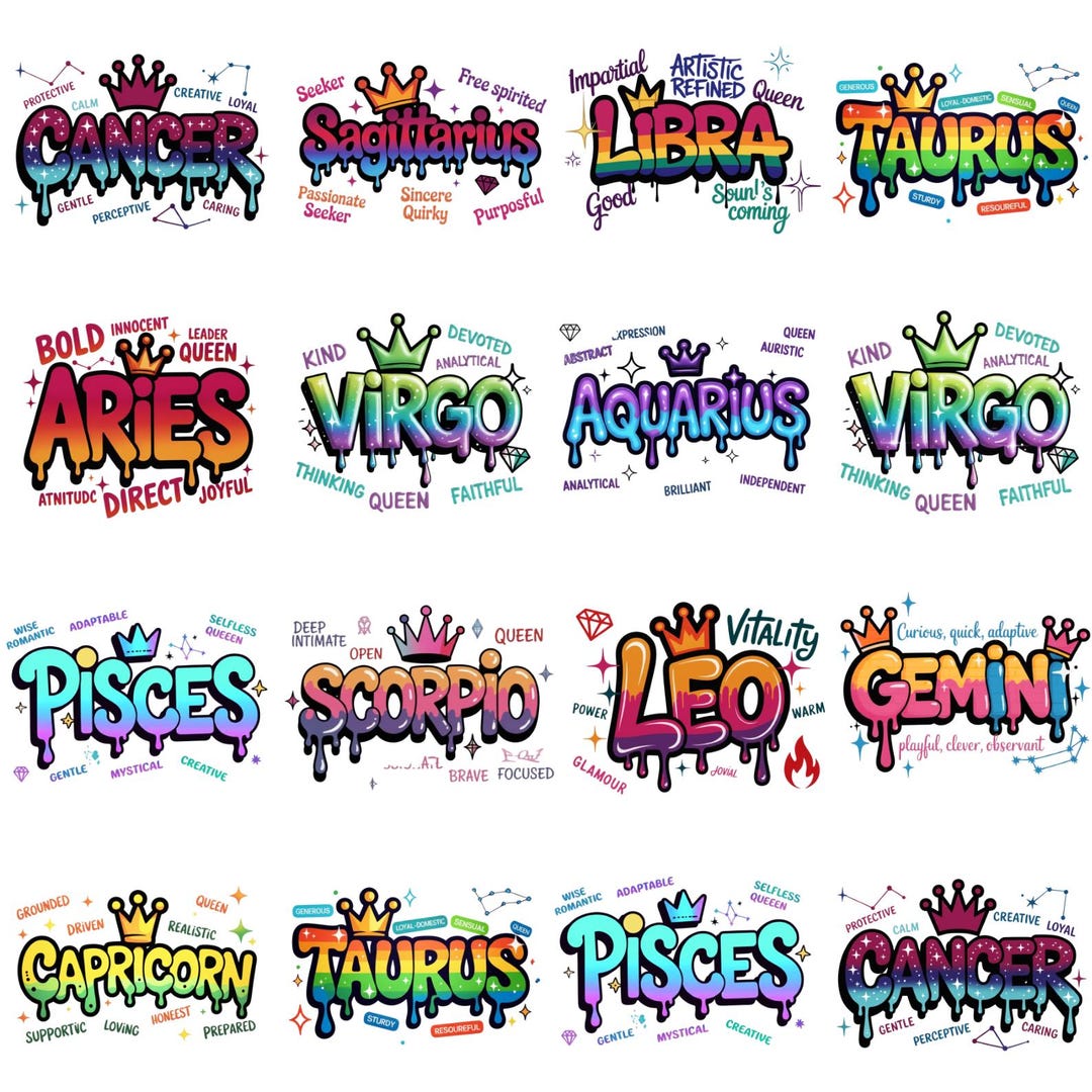13 Zodiac PNG Bundle, Cute Astrology Star Sign Designs, Colorful ...