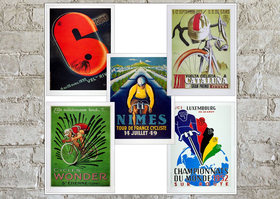 Cycling Poster Art Prints, Compete Set of 5 - Vintage Bicycle Posters ...