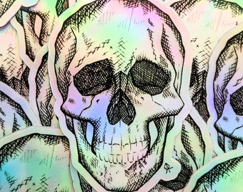 Holographic Skull Sticker: Hand-drawn Crosshatch Design - Original ...