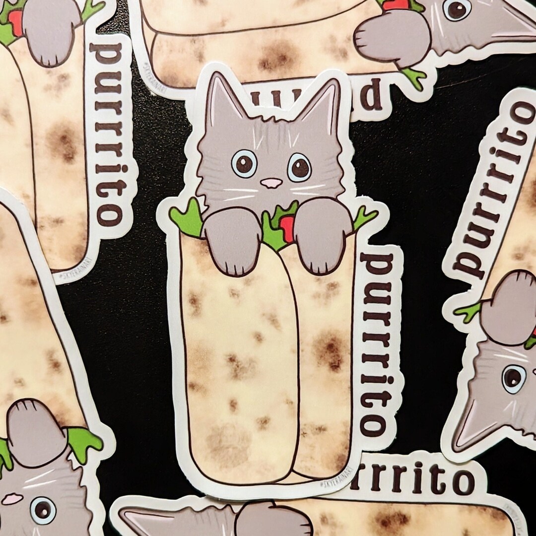 Purrrito Sticker & Magnet by Skye Rain Art Cat Burrito Kitten Meow ...