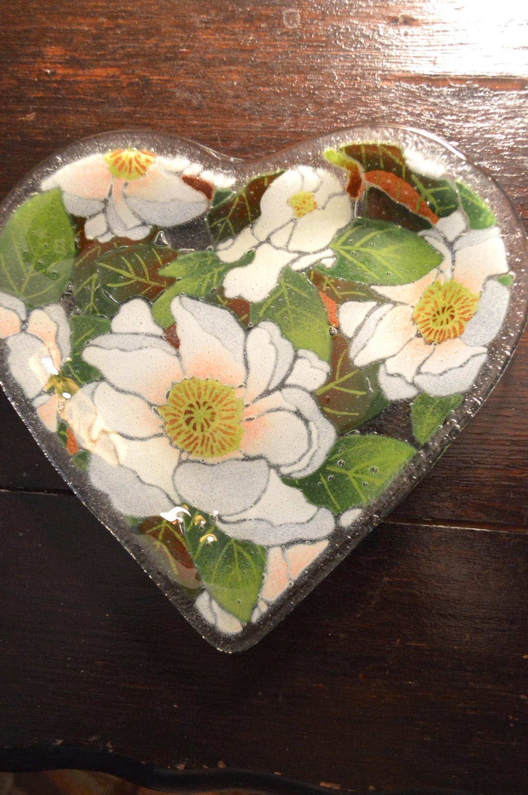 Peggy Kerr Fused Art Glass Magnolia Heart Dish - Etsy