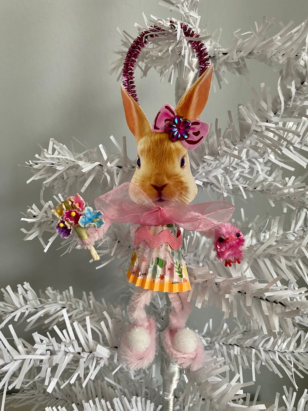 Vintage Inspired Bump Chenille Easter Bunny Rabbit Paper Doll Ornament ...